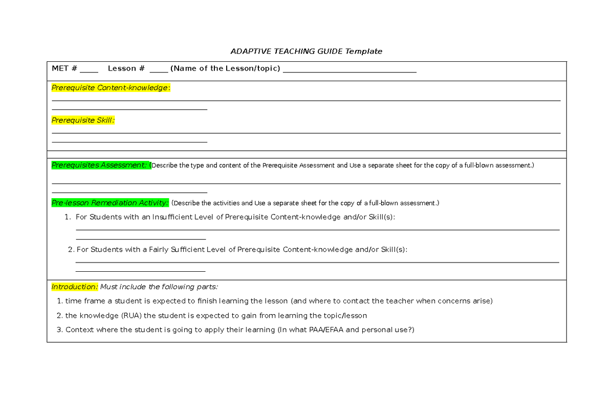 Adaptive Teaching Guide Template - ADAPTIVE TEACHING GUIDE Template MET ...