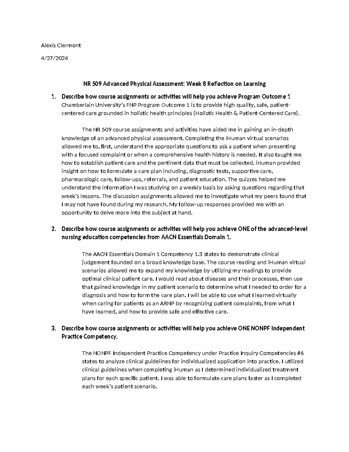 Alexis Clermont NR509 Week 8 Reflection - Alexis Clermont 4/27/ NR 509 Advanced Physical ...