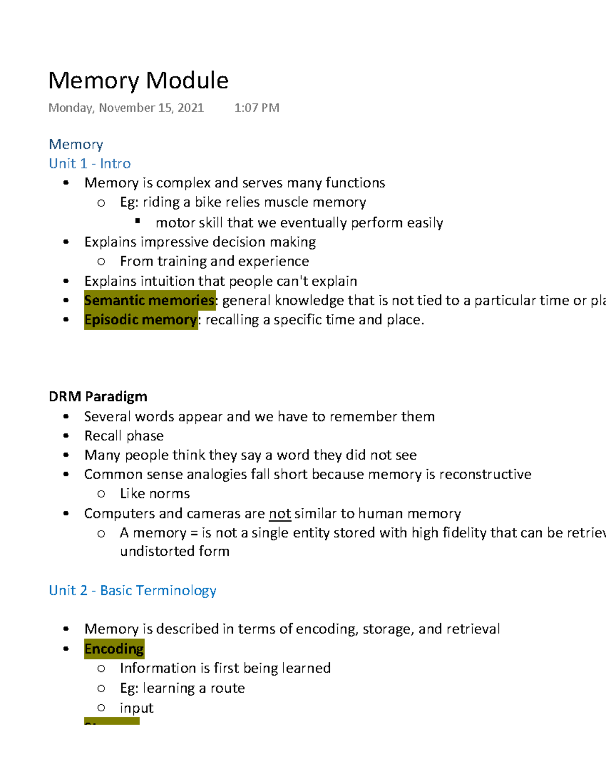 Memory Module notes taken from precorded video - Memory Unit 1 - Intro ...