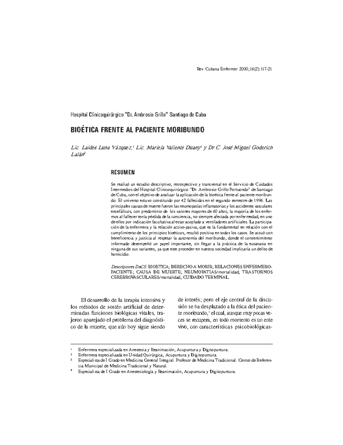 6. Bioética Frente AL Paciente Moribundo - Rev Cubana Enfermer 2000;16 ...