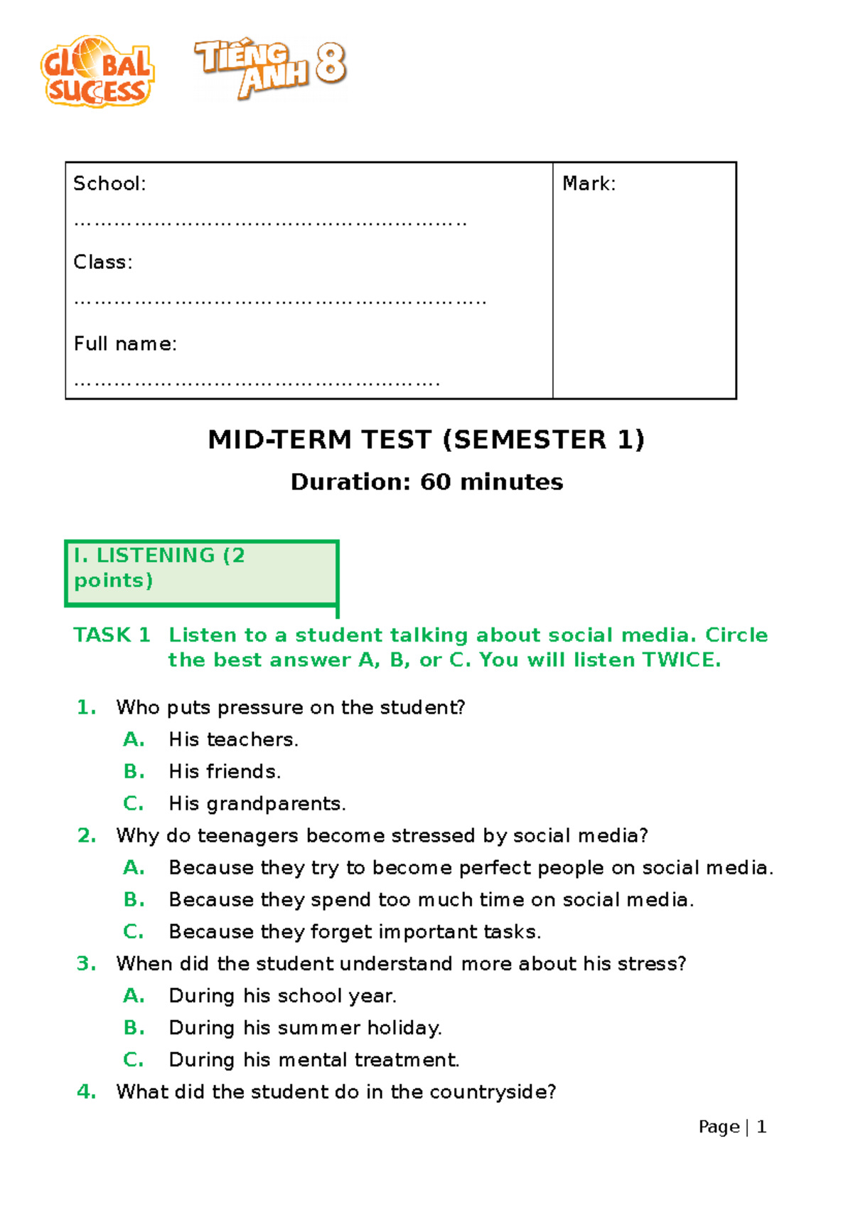 Midterm Test 1 Semester 1 - School