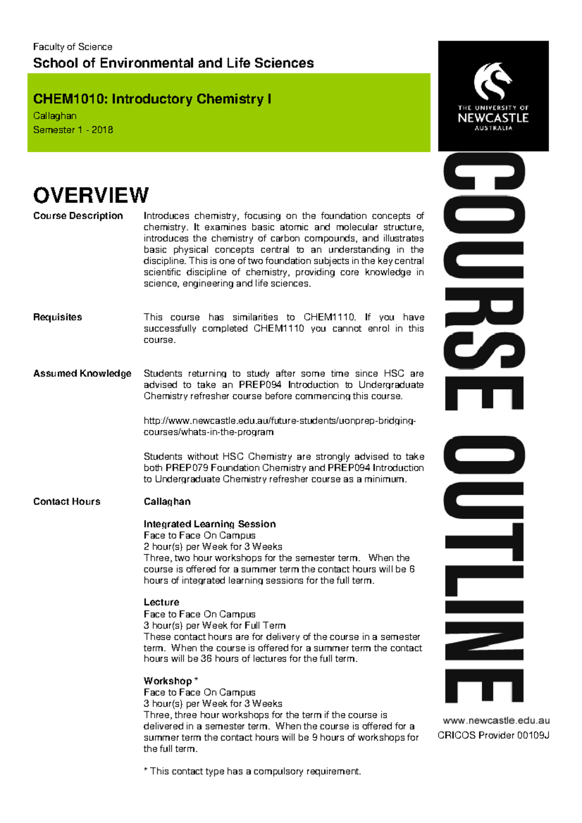 CHEM1010 Course Outline Final Sem 1 - Faculty of Science School of ...