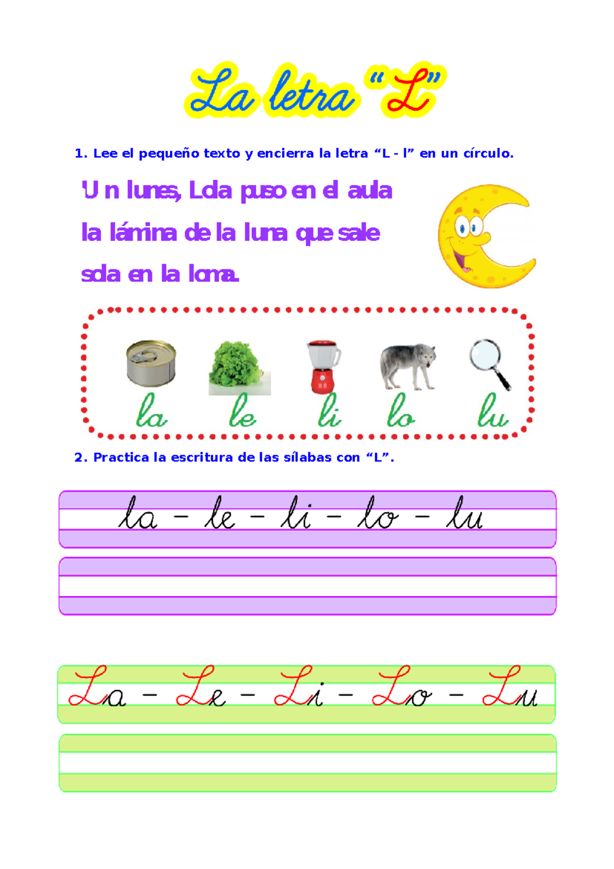Adicional - taller de la letra ele l - Lee el pequeño texto y encierra ...