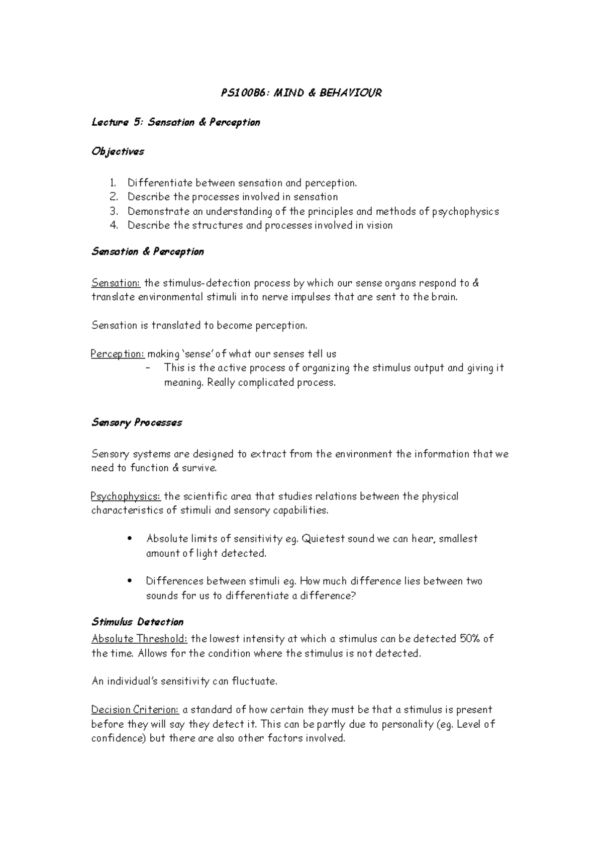 Sensation & Perception 1 - PS10086: MIND & BEHAVIOUR Lecture 5: Sensation & - Studocu