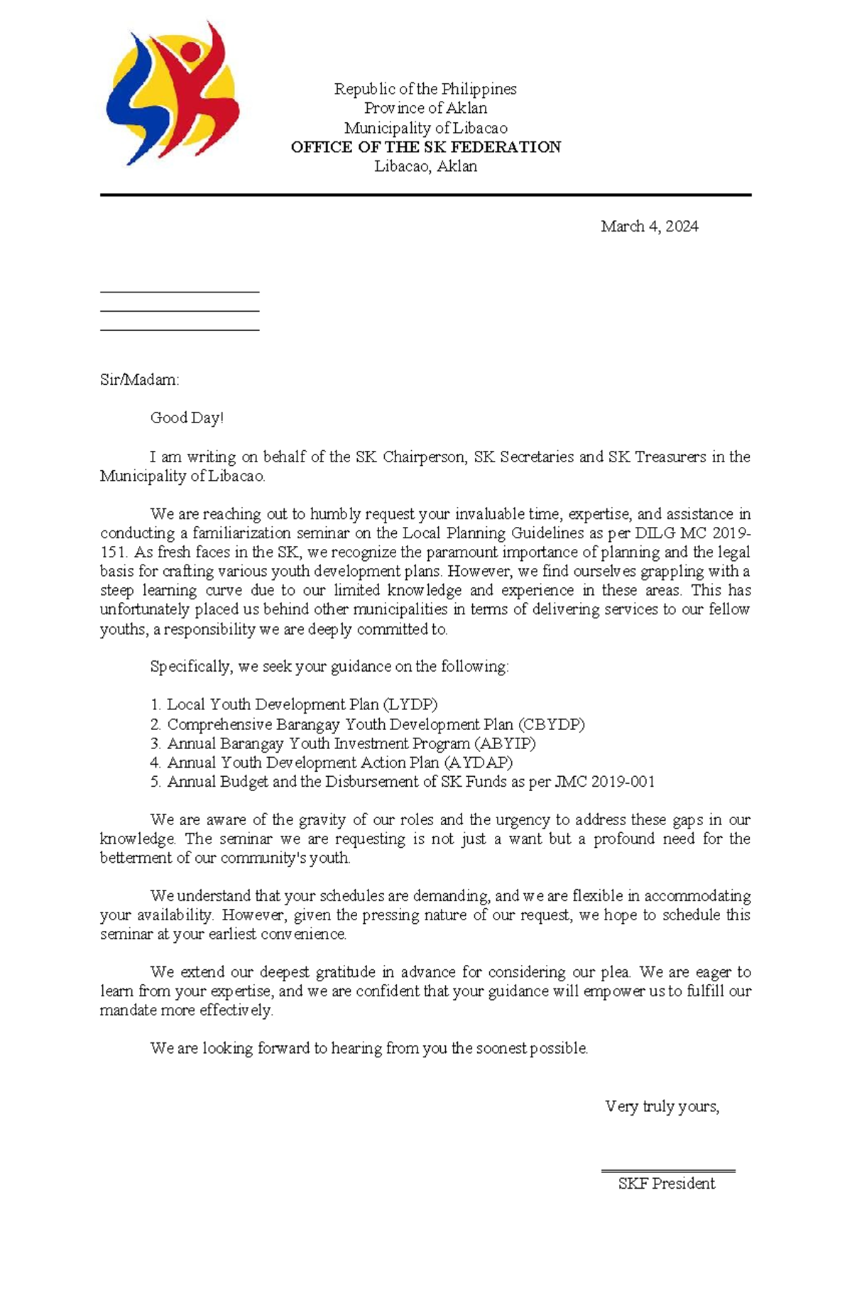 Letter - DILG-Budget-LYDO - Republic of the Philippines Province of ...