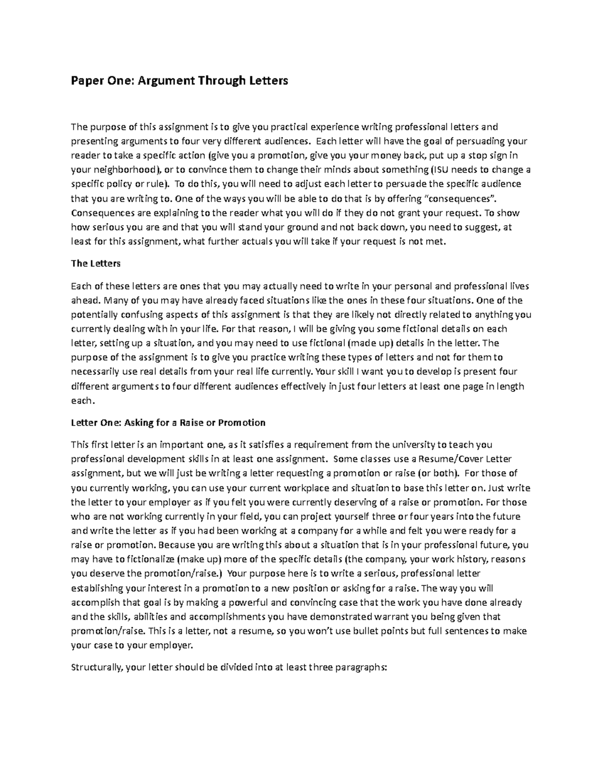Paper One Argument Through Letters Handout - Paper One: Argument ...
