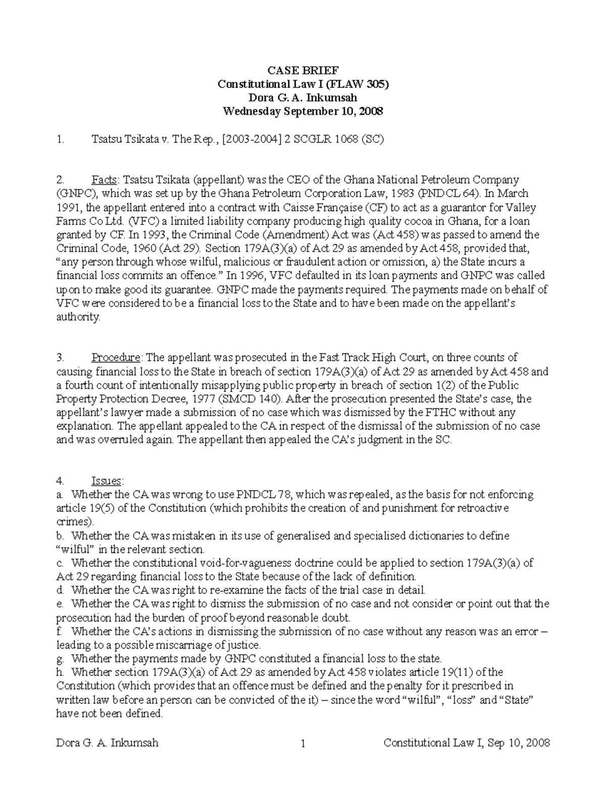 CB Tsatsu Tsikata v Rep - CASE BRIEF Constitutional Law I (FLAW 305 ...