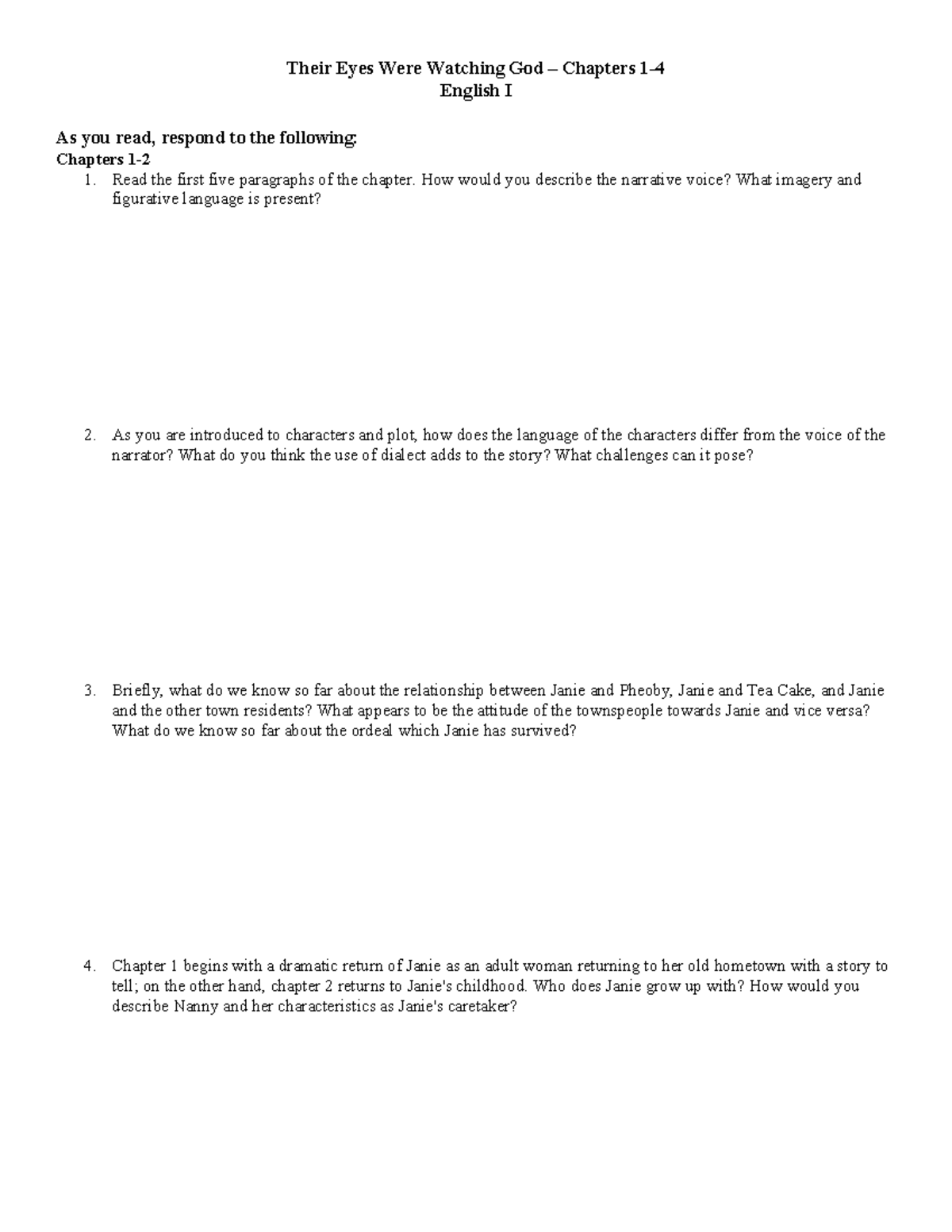 Their Eyes Were Watching God – Chapters 1-4 Questions - Their Eyes Were ...