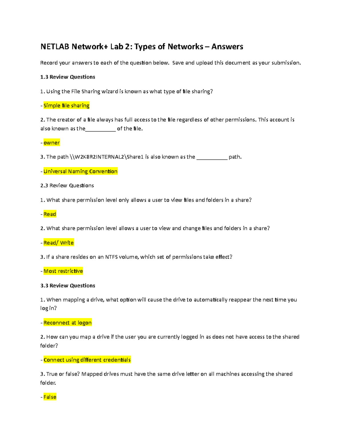 Network+ LAB 2 Answer Sheet - NETLAB Network+ Lab 2: Types of Networks ...