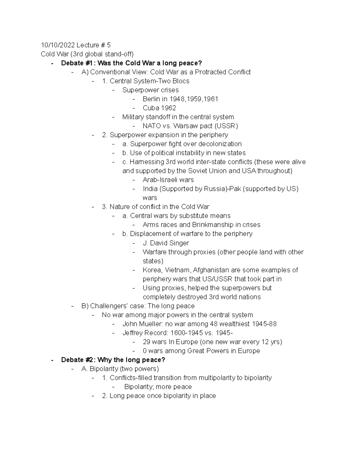 Poli Sci 12D Lecture Notes Part 2 - 10/10/2022 Lecture # 5 Cold War ...