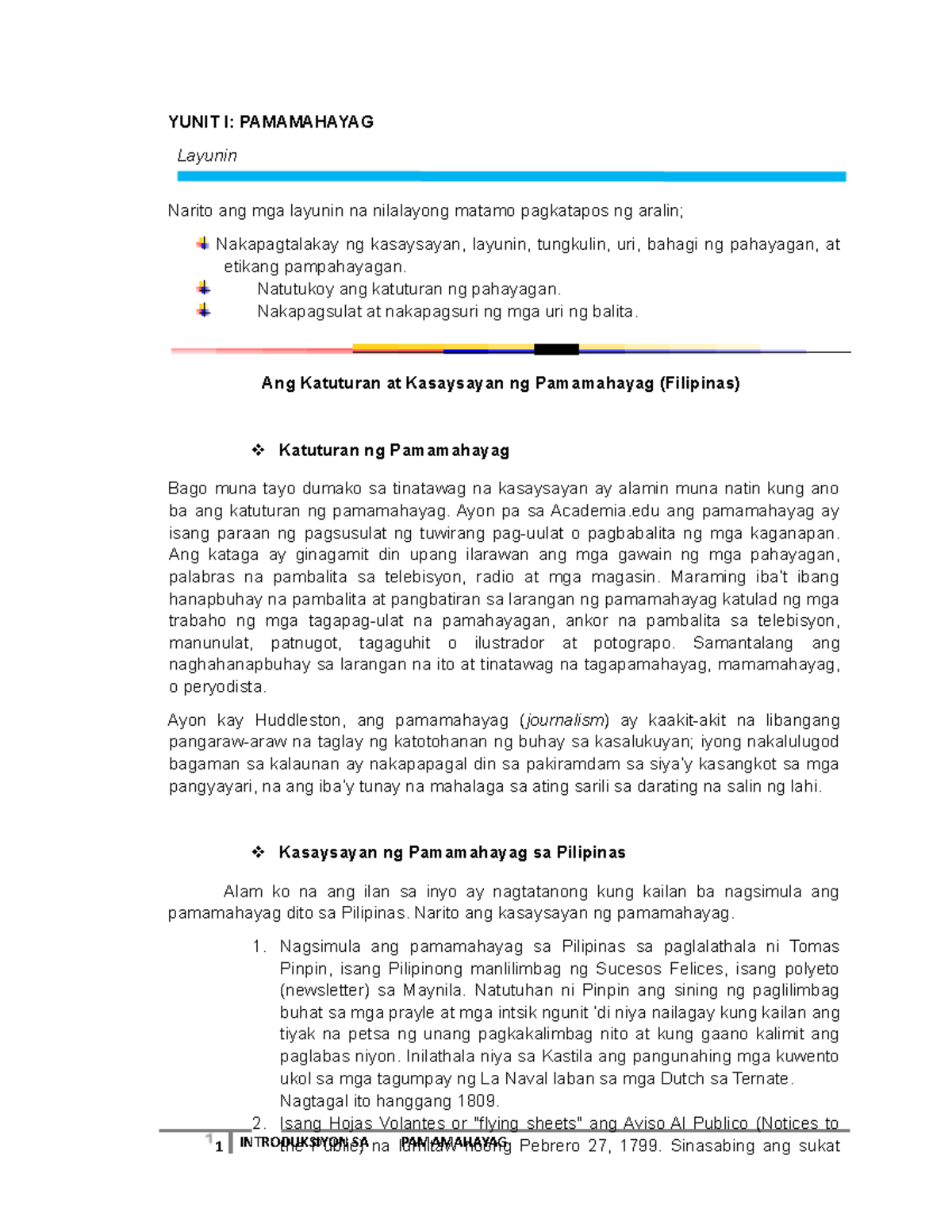 IMs Introduksyon Sa Pamamahayag 1 - 1 INTRODUKSIYON SA PAMAMAHAYAG ...
