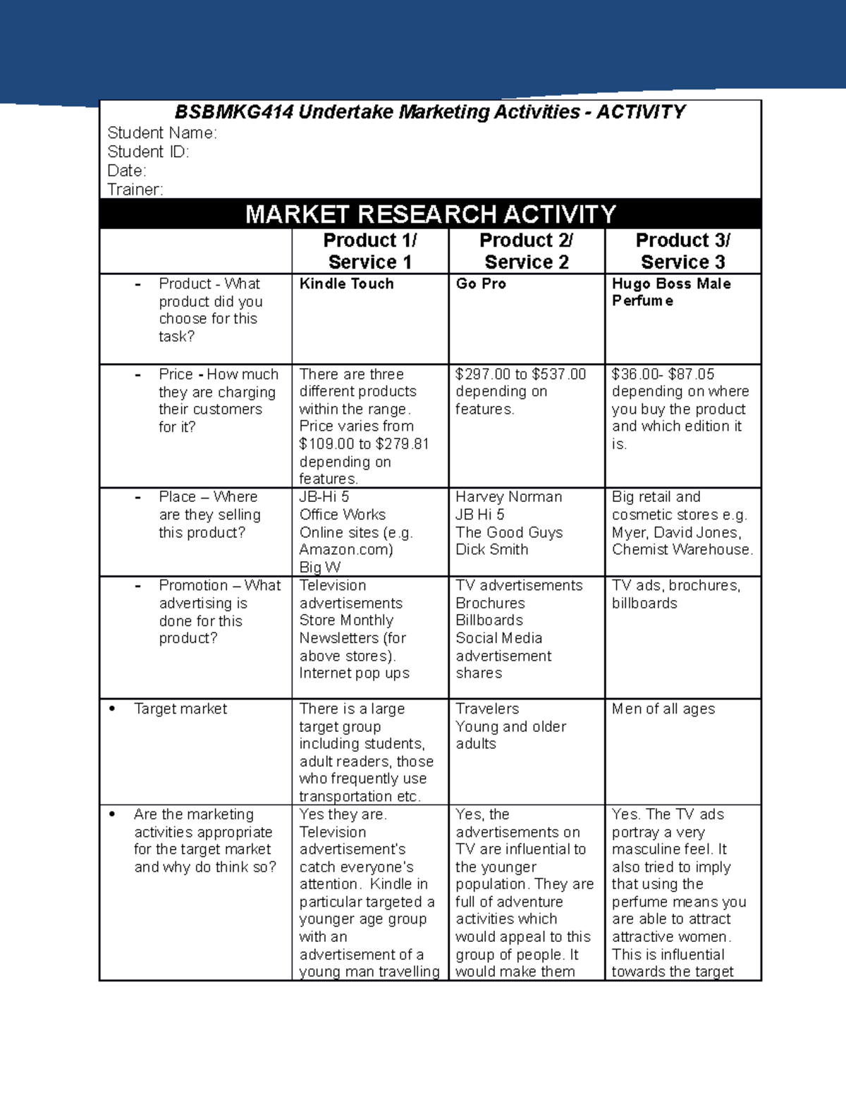 Bsbmkg 414 Activity - BSBMKG414 Undertake Marketing Activities ...