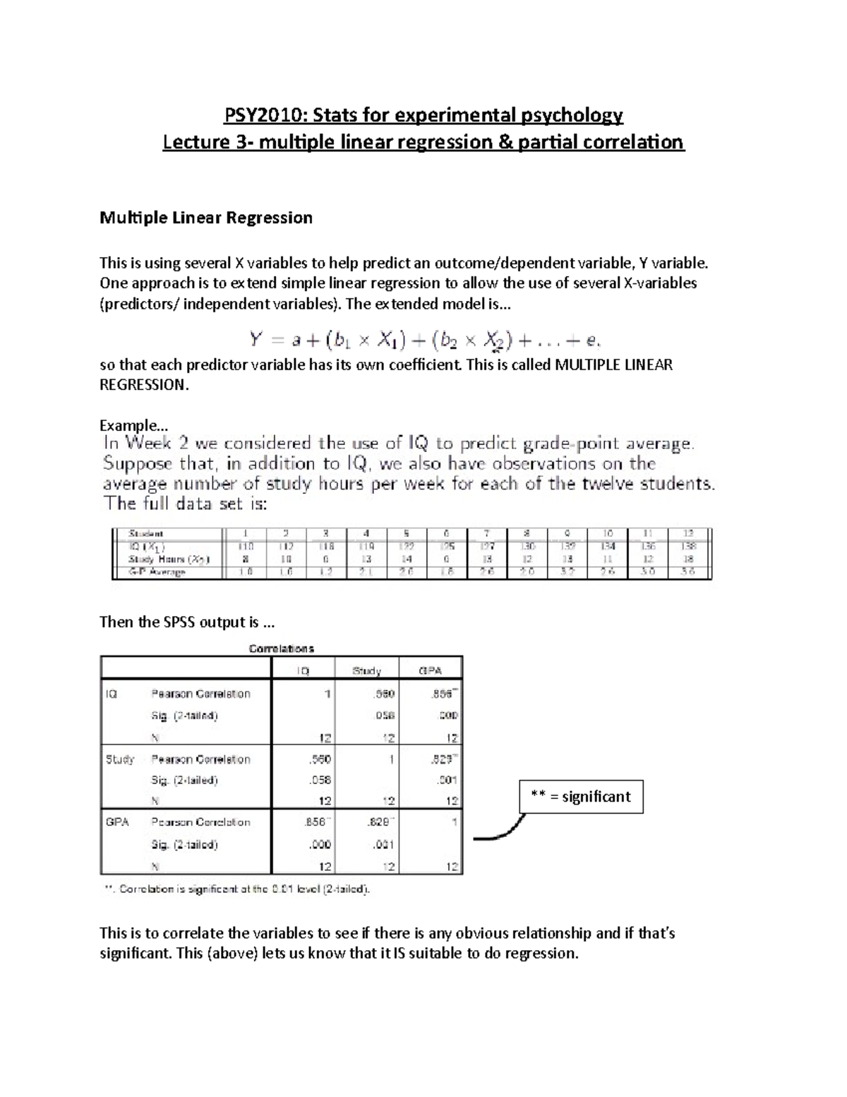 Lec3-multiple lin.regres. & correlation - PSY2010: Stats for experimental psychology Lecture 3 ...