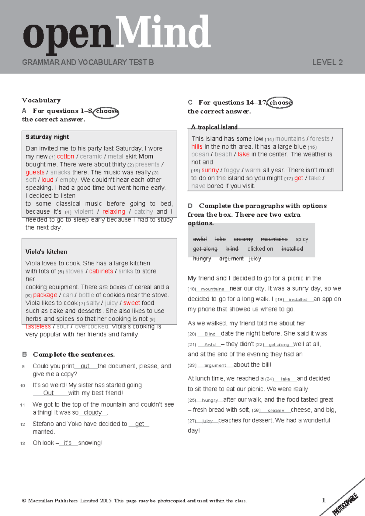 Open Mind 2 grammar and vocabulary test B - © Macmillan Publishers ...