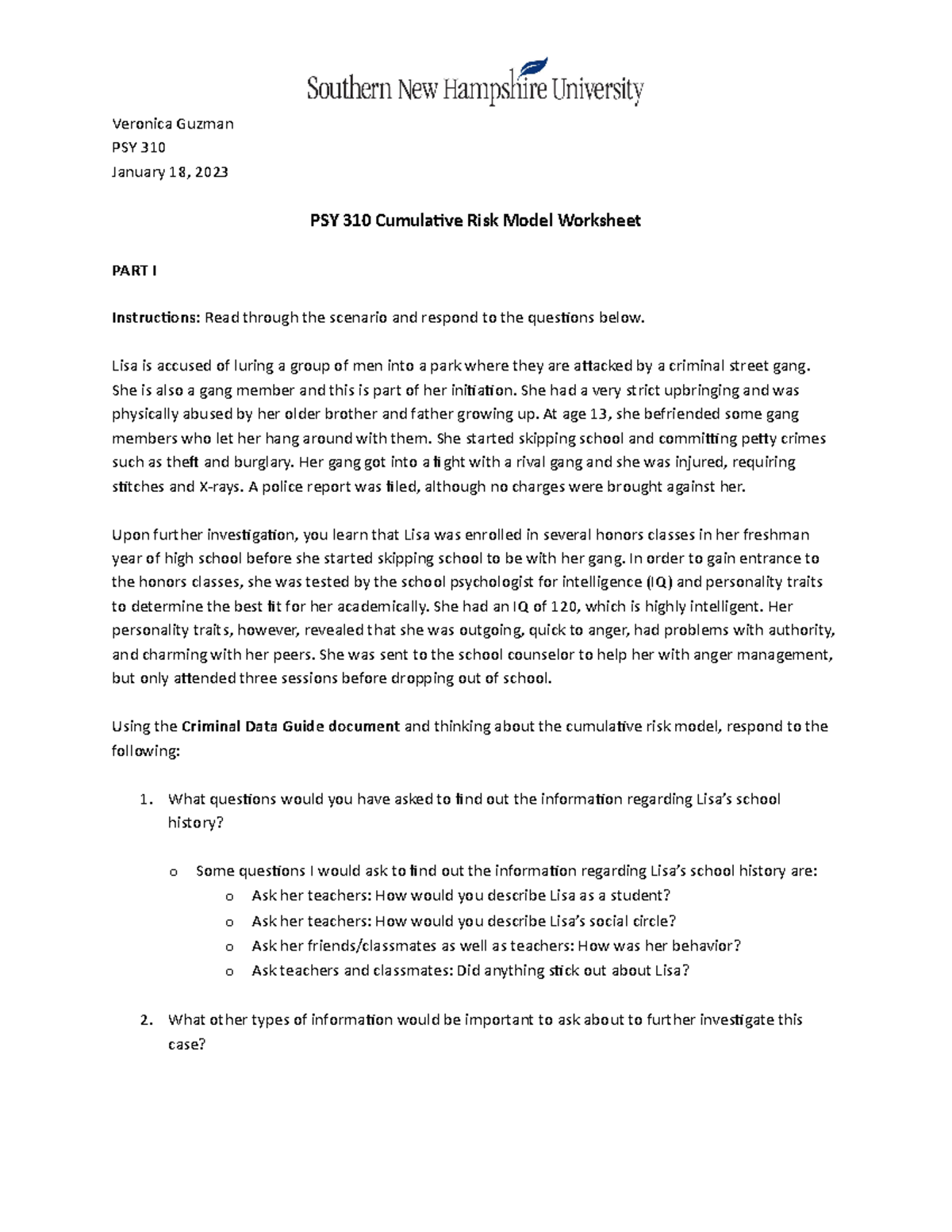 PSY 310 Cumulative Risk Model Worksheet - Veronica Guzman PSY 310 ...