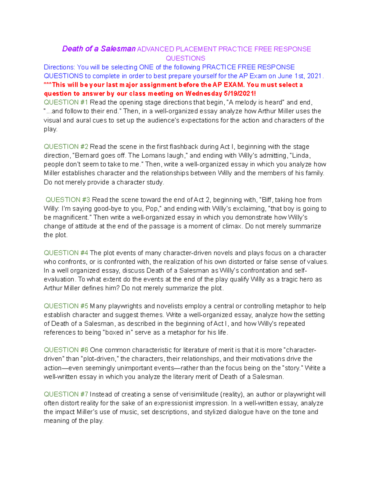 - AP Practice FREE Response Questions DOAS - Death of a Salesman ...