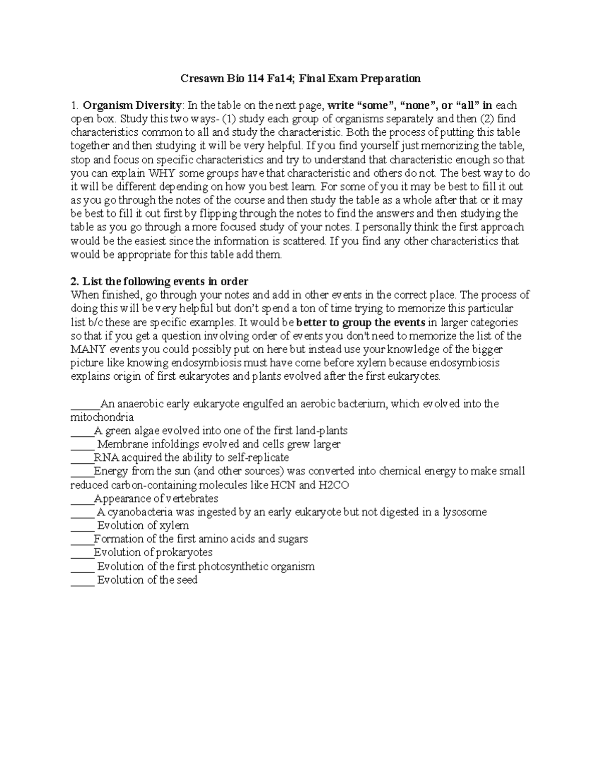 Final Study Guide up to plants - Cresawn Bio 114 Fa14; Final Exam ...