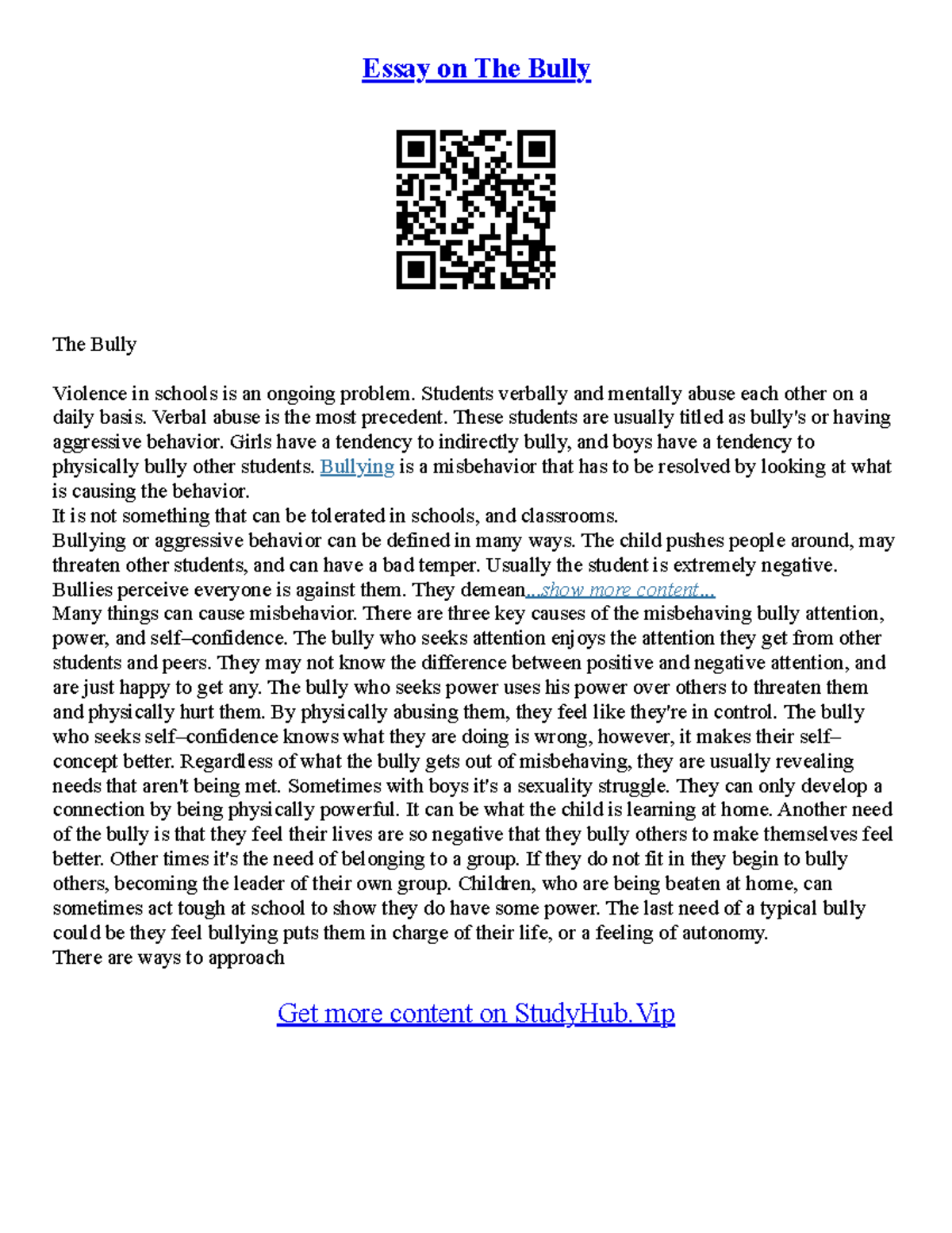 Bully Essay Bully Essay - Essay on The Bully The Bully Violence in ...