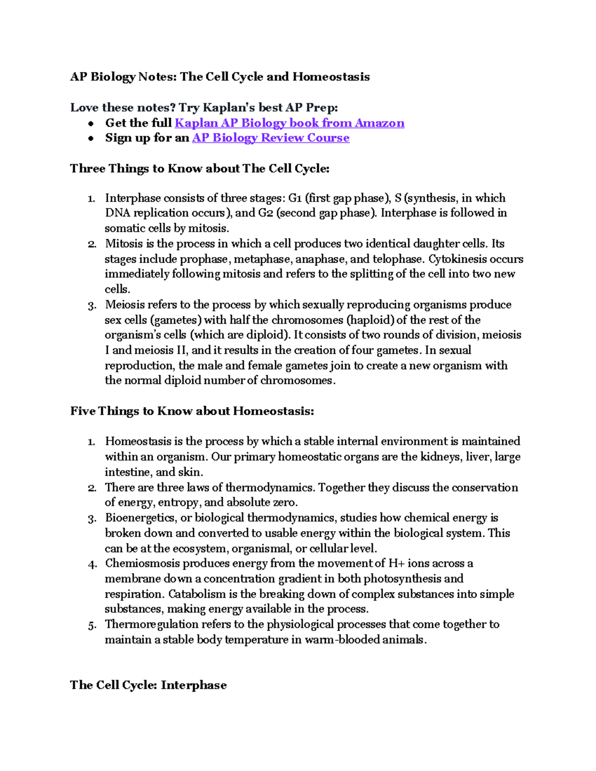 AP Biology Notes The Cell Cycle and Homeostasis - Interphase is ...