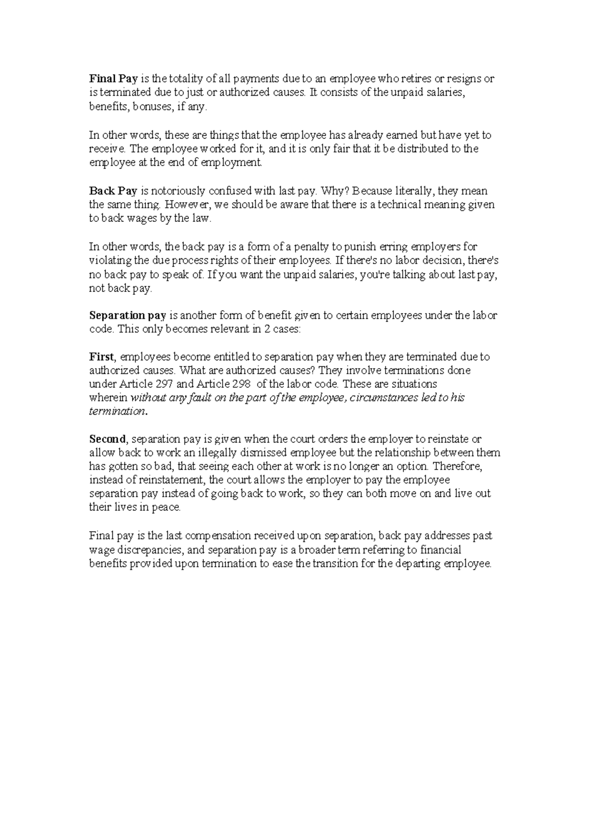 Final Pay is the totality of all payments due to a - It consists of the ...