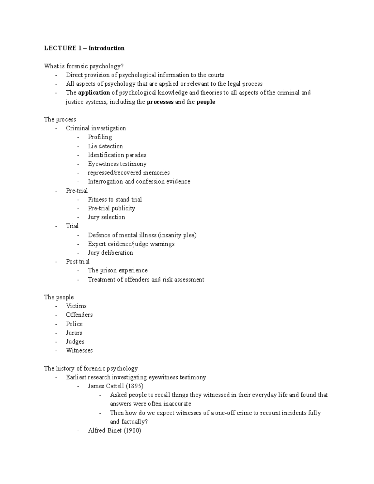 Forensic Psychology PSYC1001 - LECTURE 1 – Introduction What is ...
