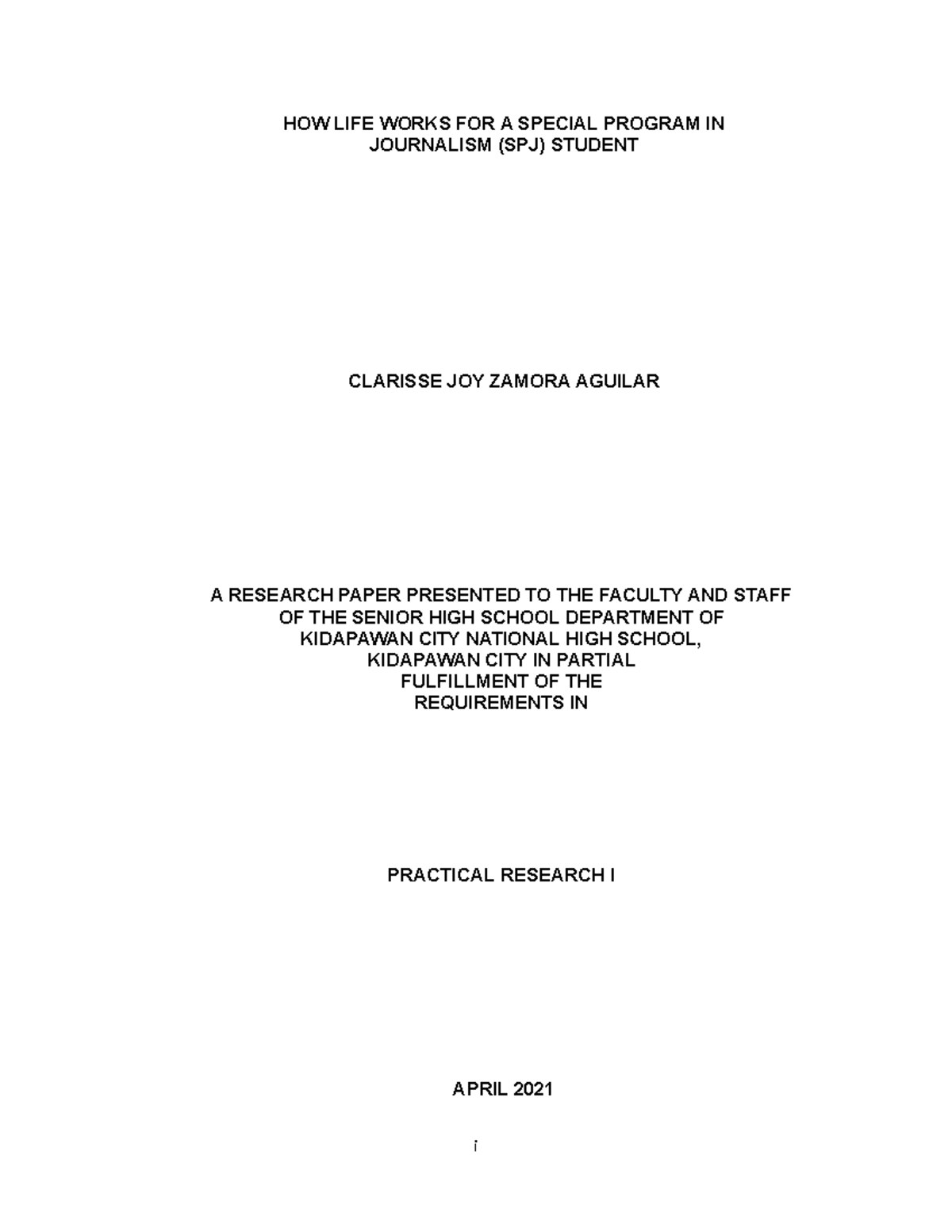 Sample-research-parts -pr1 - HOW LIFE WORKS FOR A SPECIAL PROGRAM IN ...