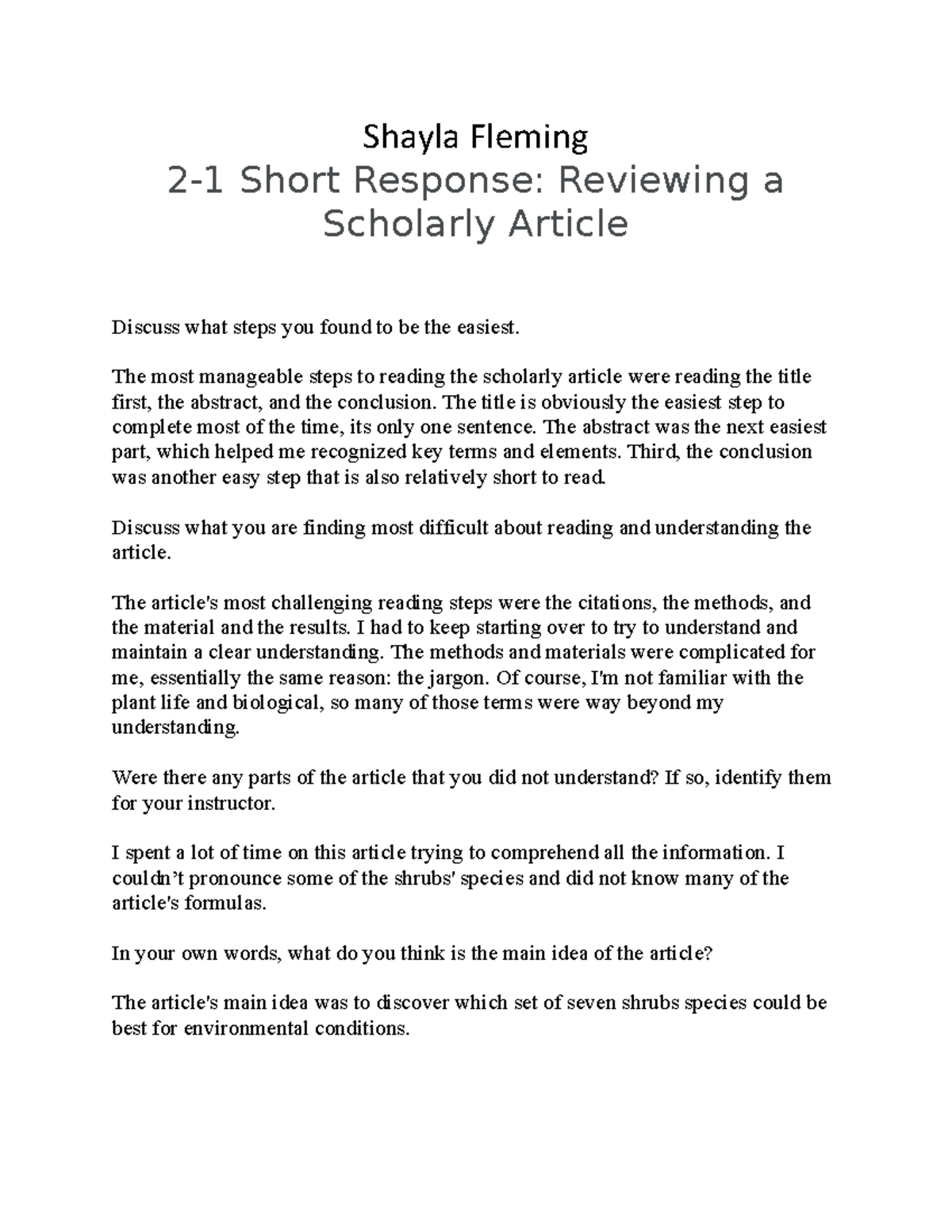 S2-1 Short Response- Reviewing a Scholarly Article - Shayla Fleming 2-1 ...