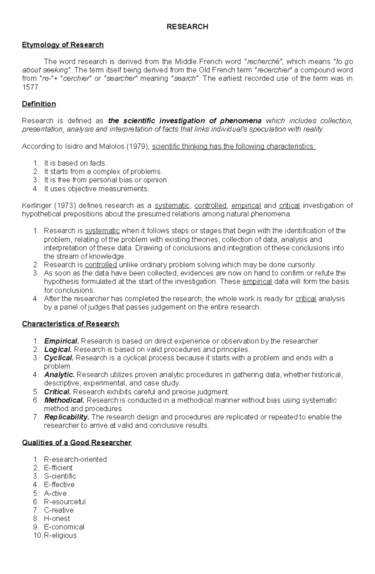 Research Handouts (JHS) - RESEARCH Etymology of Research The word ...