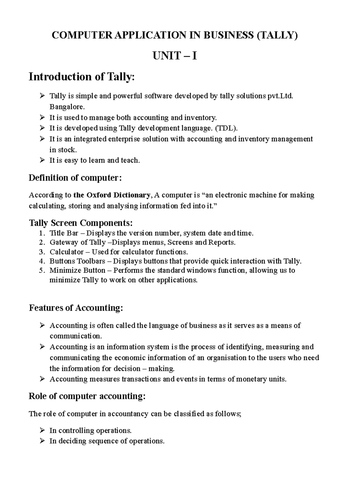 CAB 3 units notes - COMPUTER APPLICATION IN BUSINESS (TALLY) UNIT – I ...
