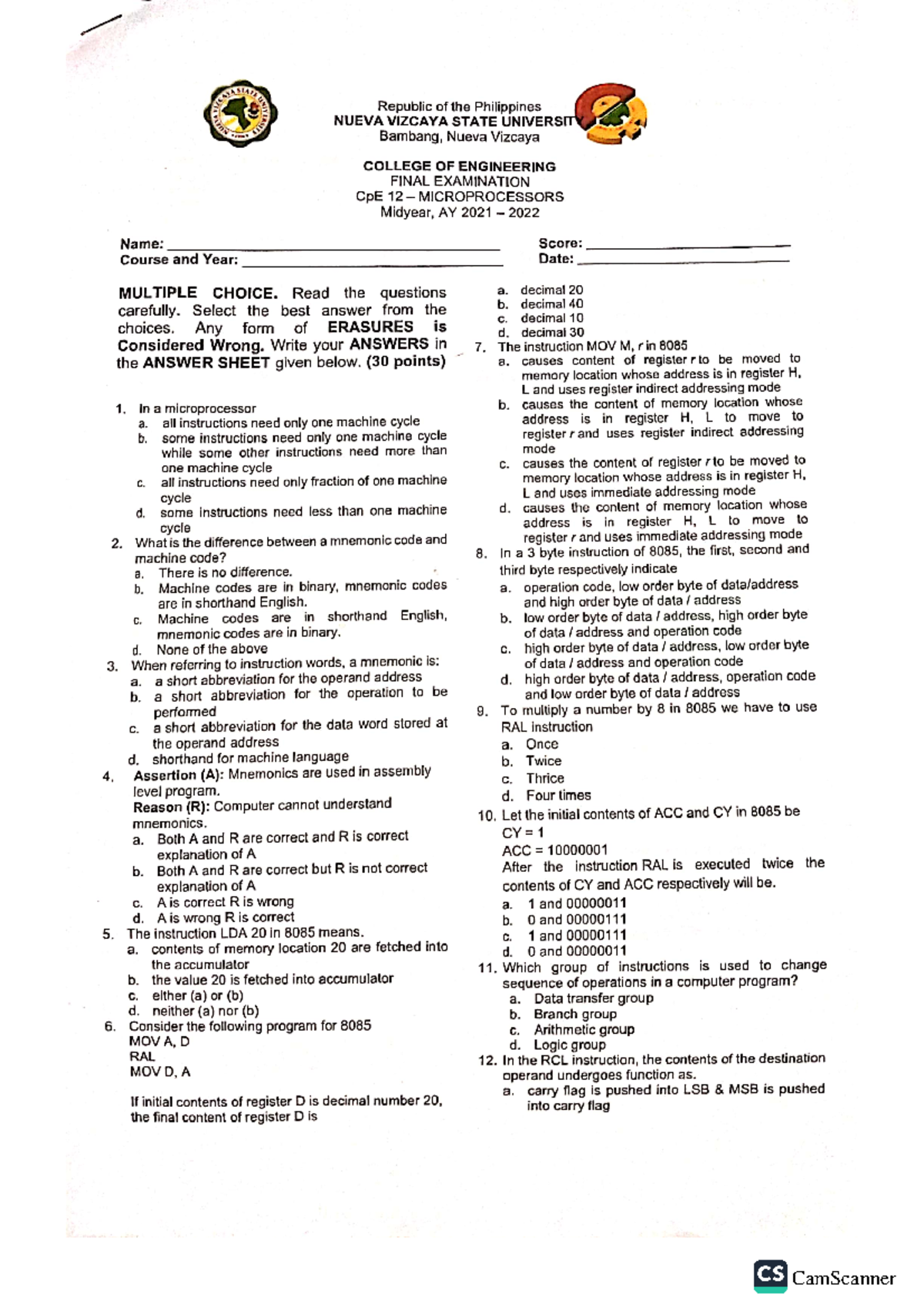 Microprocessors Examination(Answers on last page) - computer engineering - Studocu