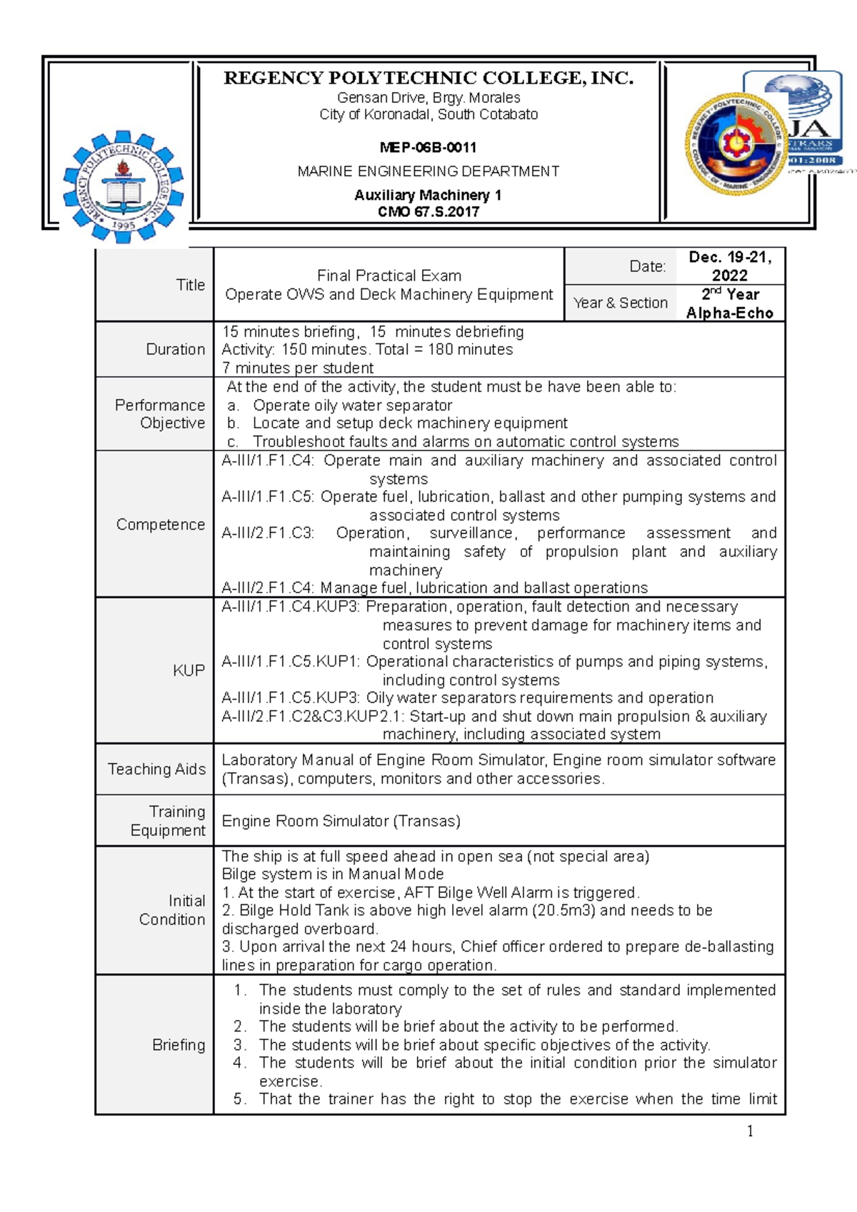 AUX MACH Activity FORM - Bwnwj - REGENCY POLYTECHNIC COLLEGE, INC ...
