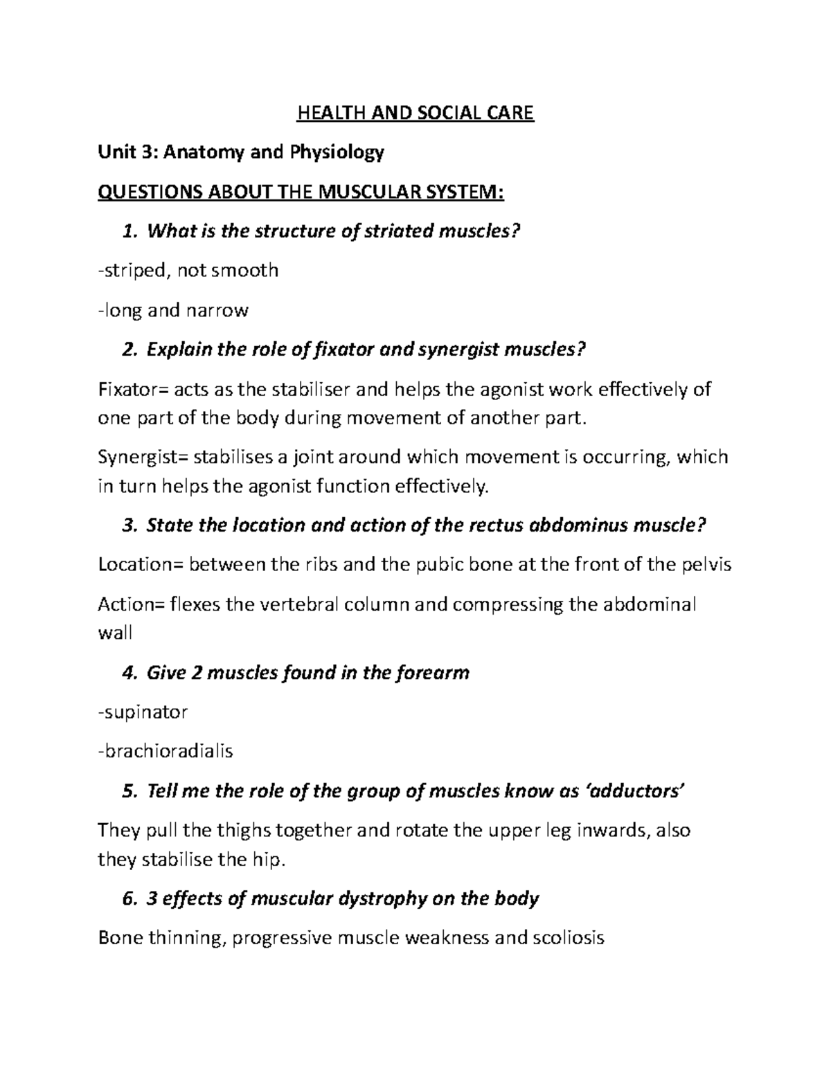 Questions about the muscular system - HEALTH AND SOCIAL CARE Unit 3 ...