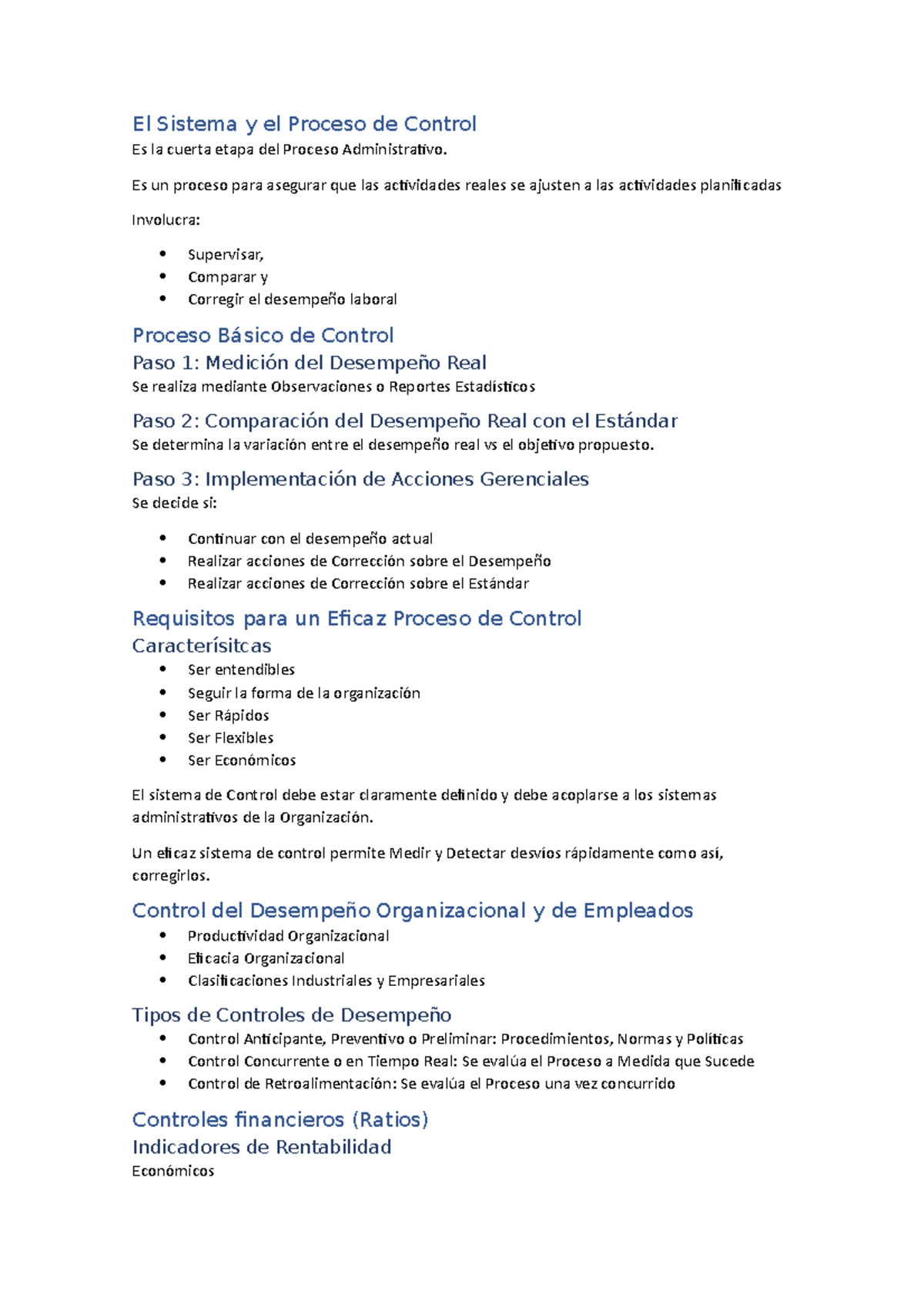 Control resumen - El Sistema y el Proceso de Control Es la cuerta etapa del Proceso ...