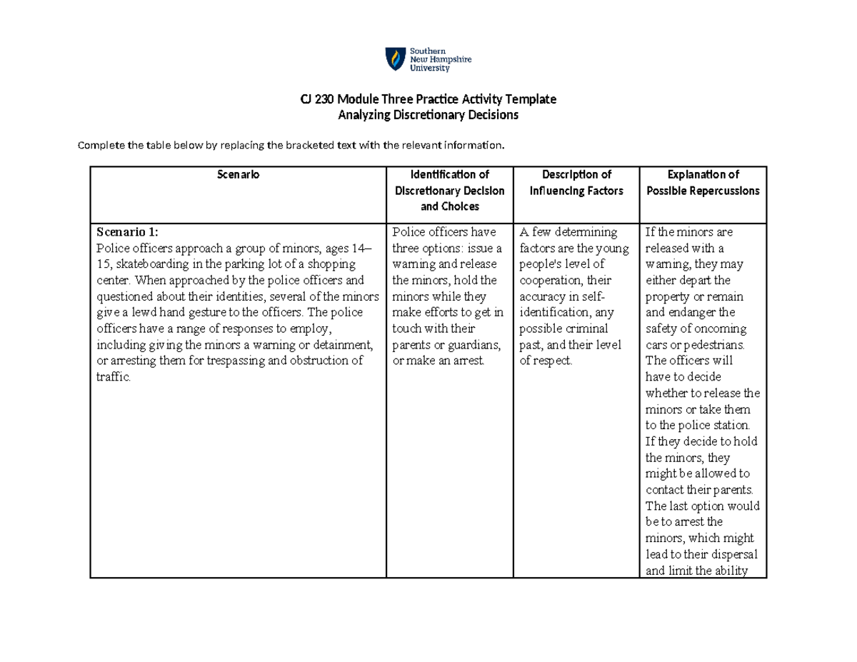 CJ 230 Module Three Practice Activity - Scenario Identification of ...