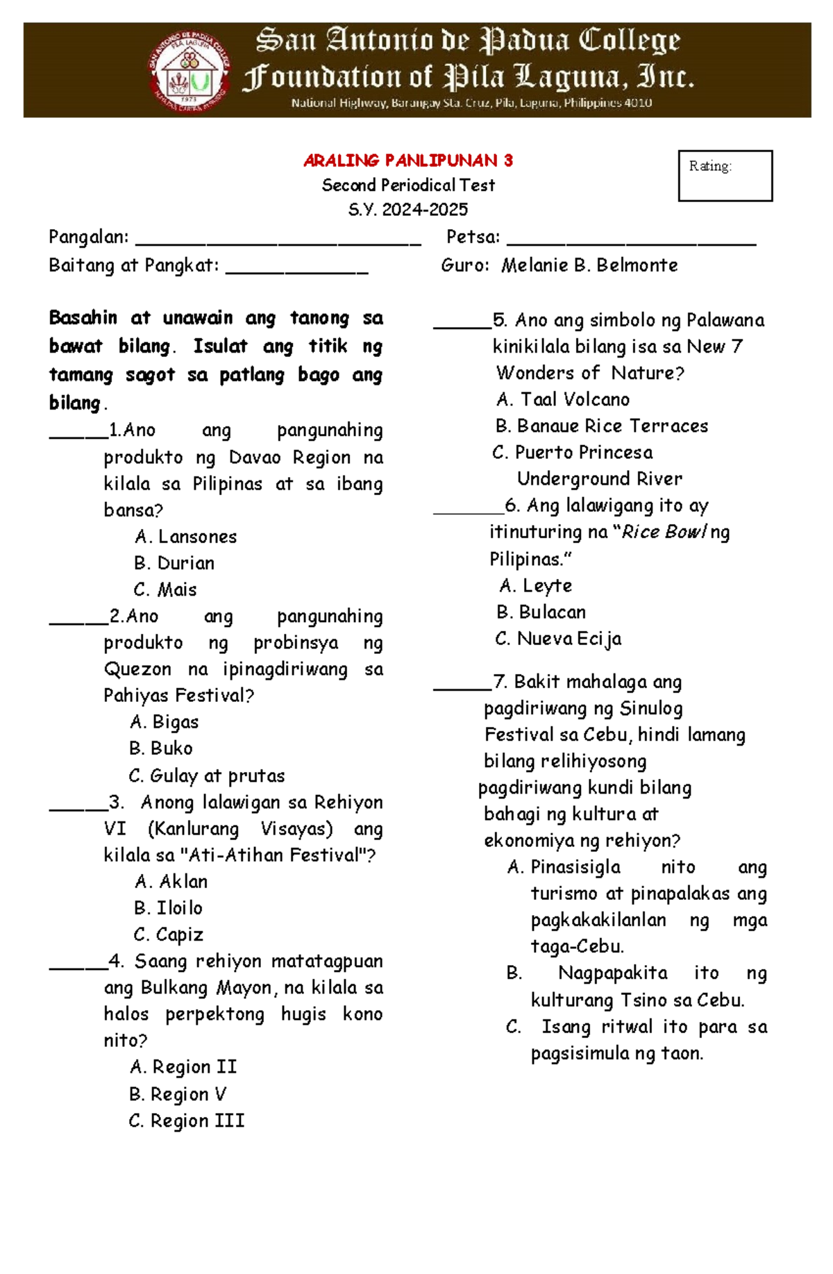 AP3 Periodical Exam 2024-2025 - ARALING PANLIPUNAN 3 Second Periodical ...
