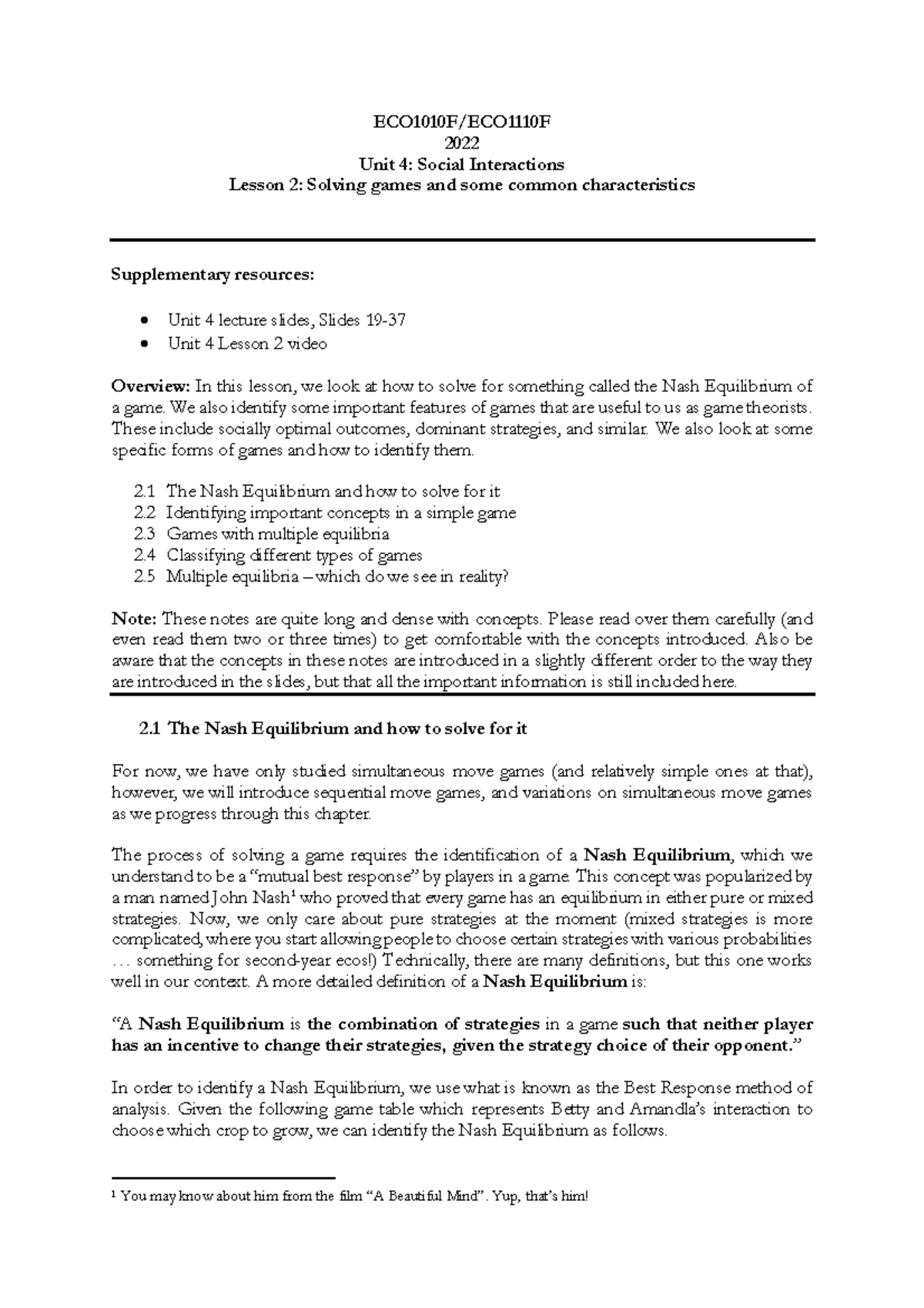 Games notes - ECO1010F/ECO1110F 2022 Unit 4: Social Interactions Lesson ...