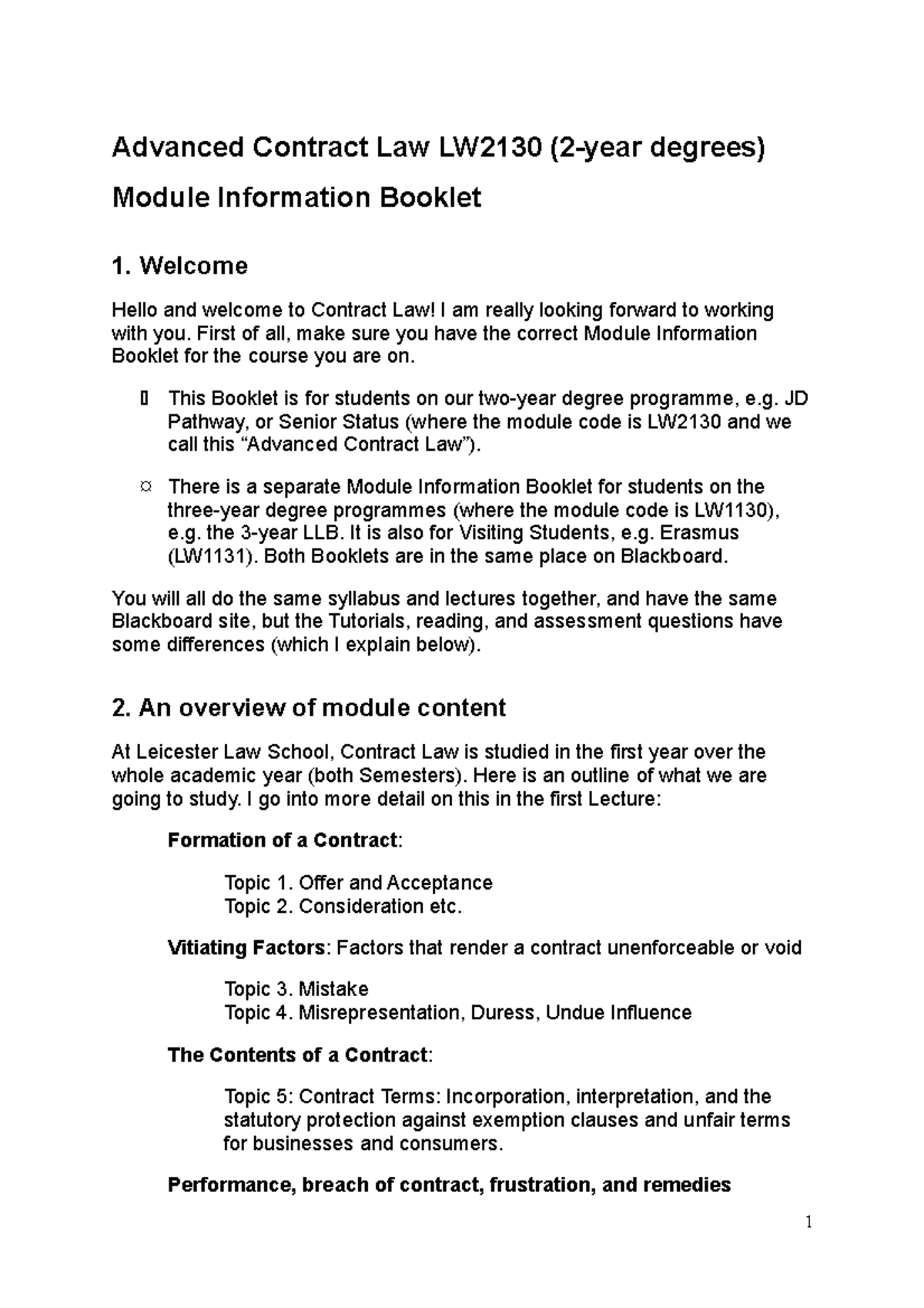 Advanced Contract Law Syllabus (LW2130) - Advanced Contract Law LW2130 ...