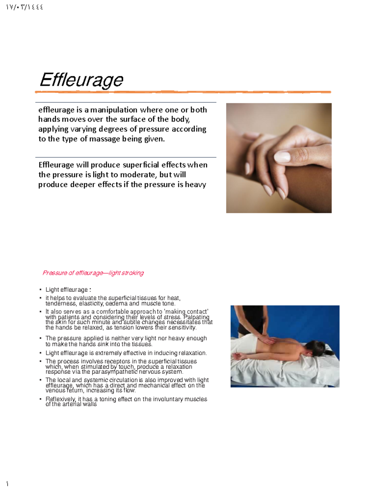 2nd lecture - manual therapy - Effleurage effleurage is a manipulation ...