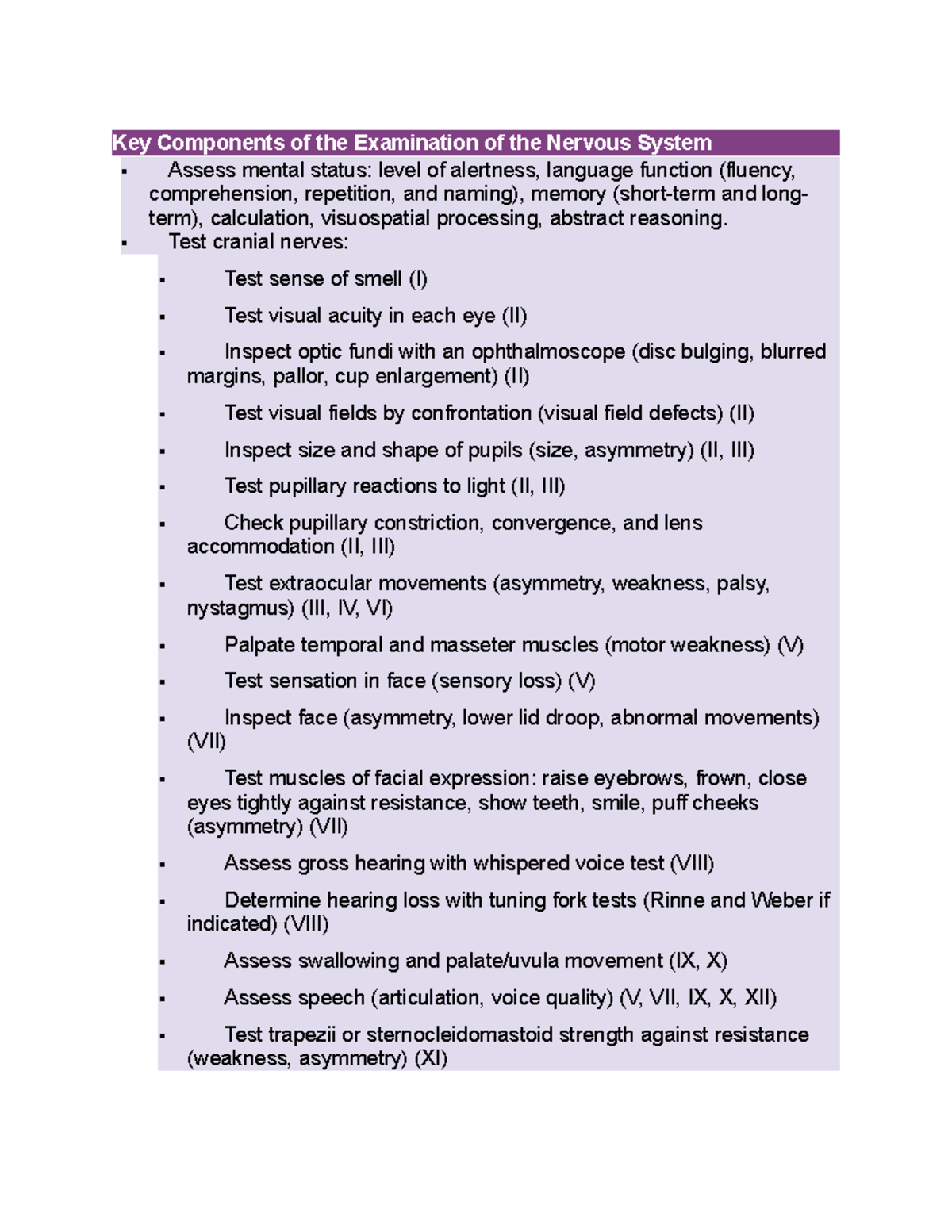 Key Components of the Examination of the Nervous System - Test cranial ...