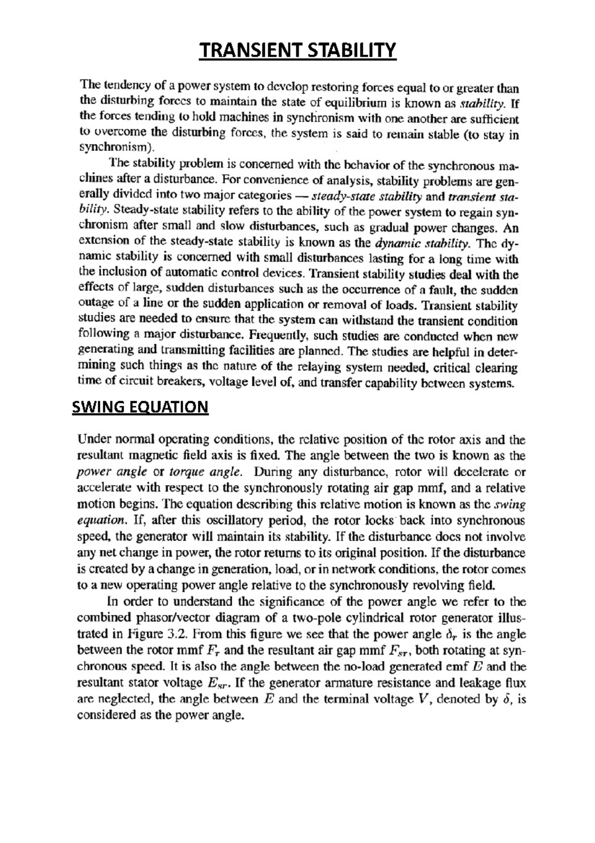 Transient Stability - TRANSIENT STABILITY SWING EQUATION ELECTRICAL POWER EQUATION Fig 1: Power ...