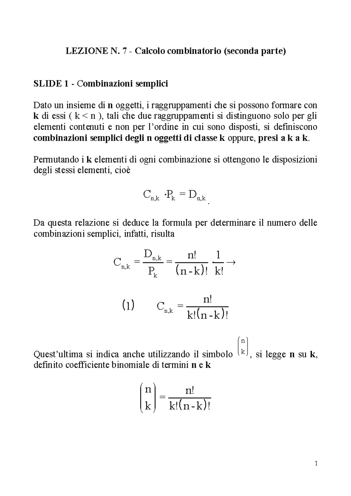Lezione 7 Calcolo combinatorio 2 - LEZIONE N. 7 - Calcolo combinatorio ...