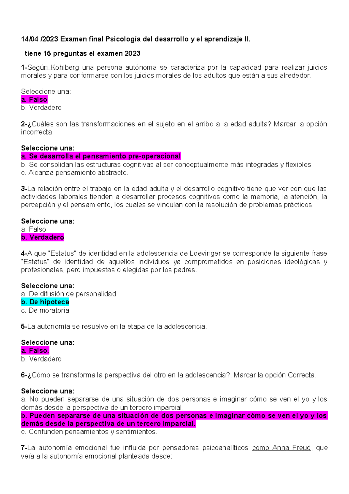 Final 2023 Psicología del Desarrollo y del Aprendizaje II - 14/04 /2023 Examen final Psicología ...