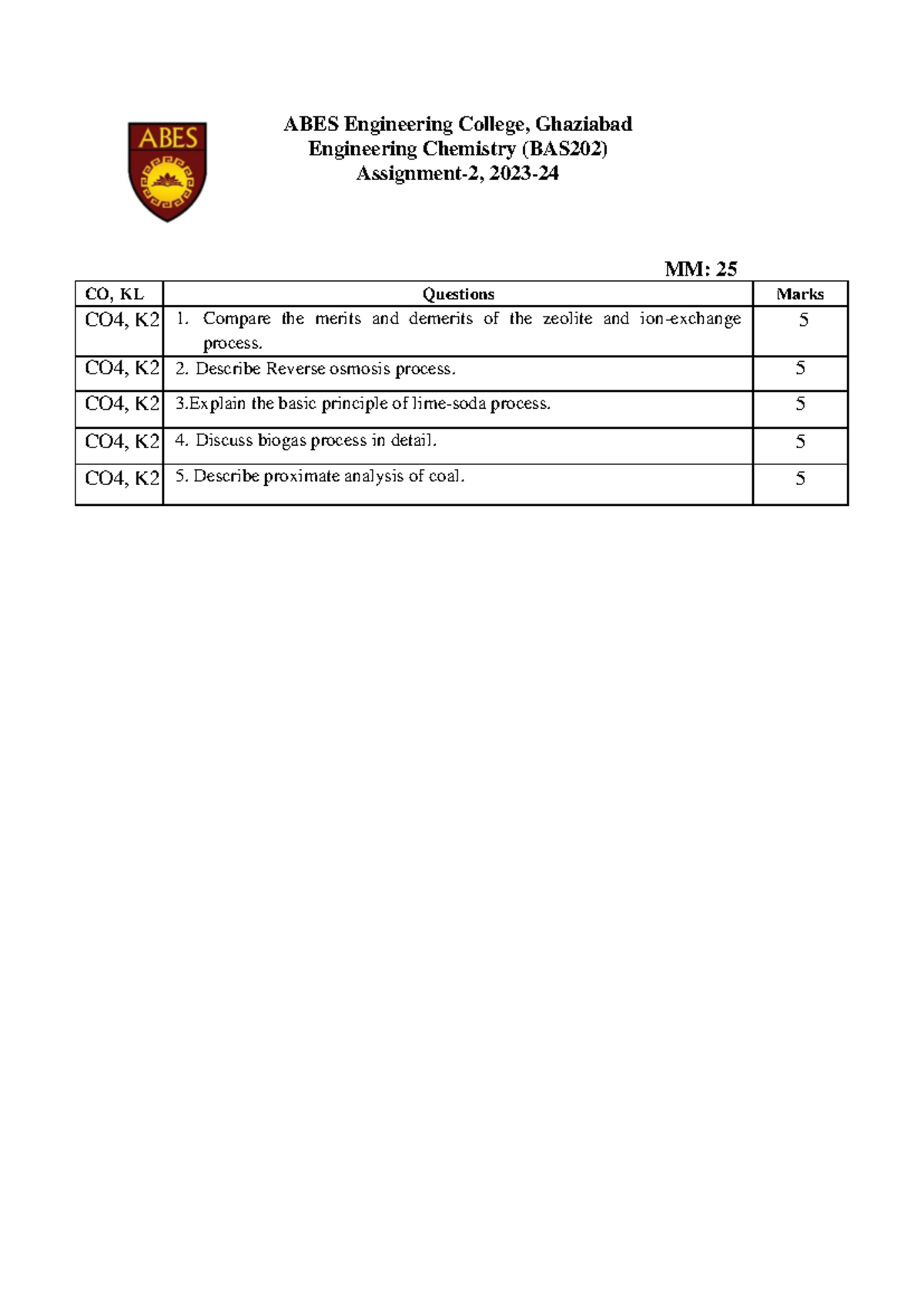 BAS202 Assignment-2 (Unit-4) - B.Tech - ABES Engineering College, Ghaziabad Engineering ...