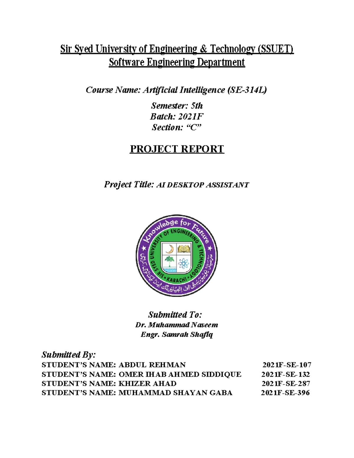 Project Report Template(Sec-C or E) - Sir Syed University of Engineering & Technology (SSUET ...