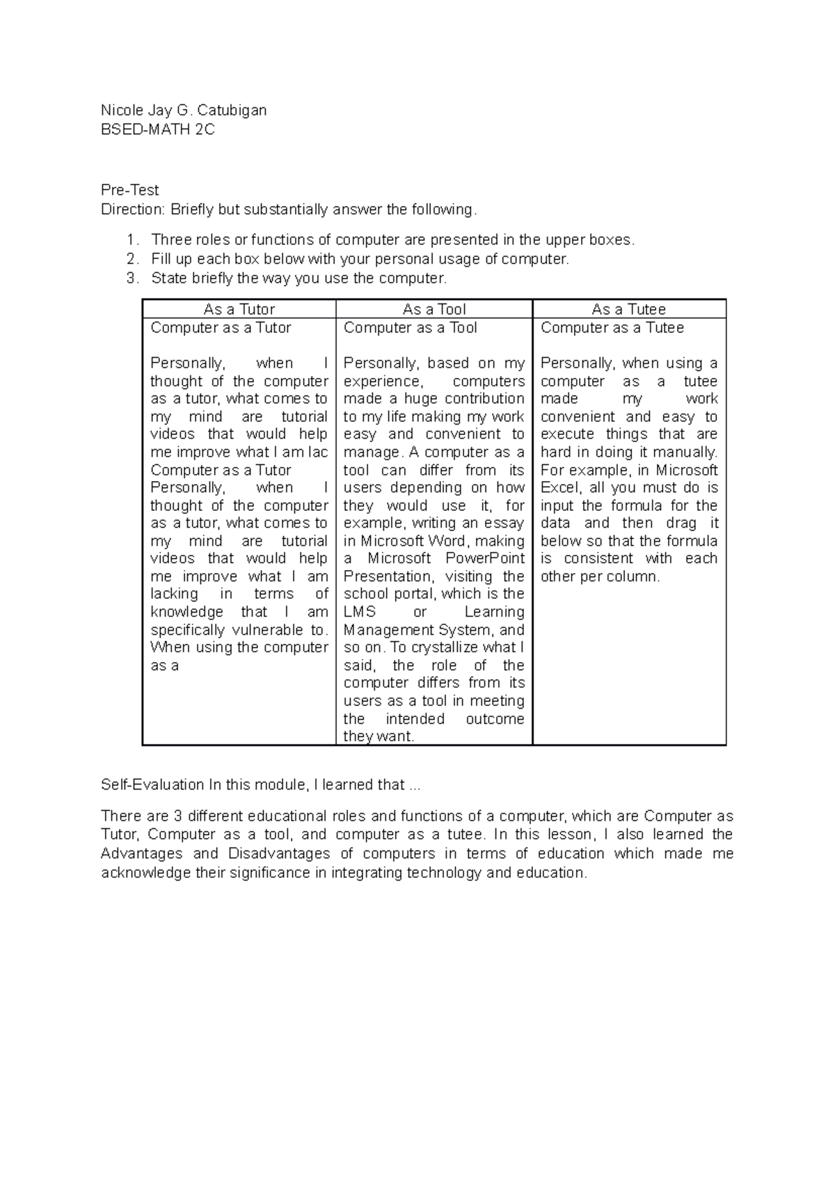Catubigan Module 3Answers - Nicole Jay G. Catubigan BSED-MATH 2C Pre ...