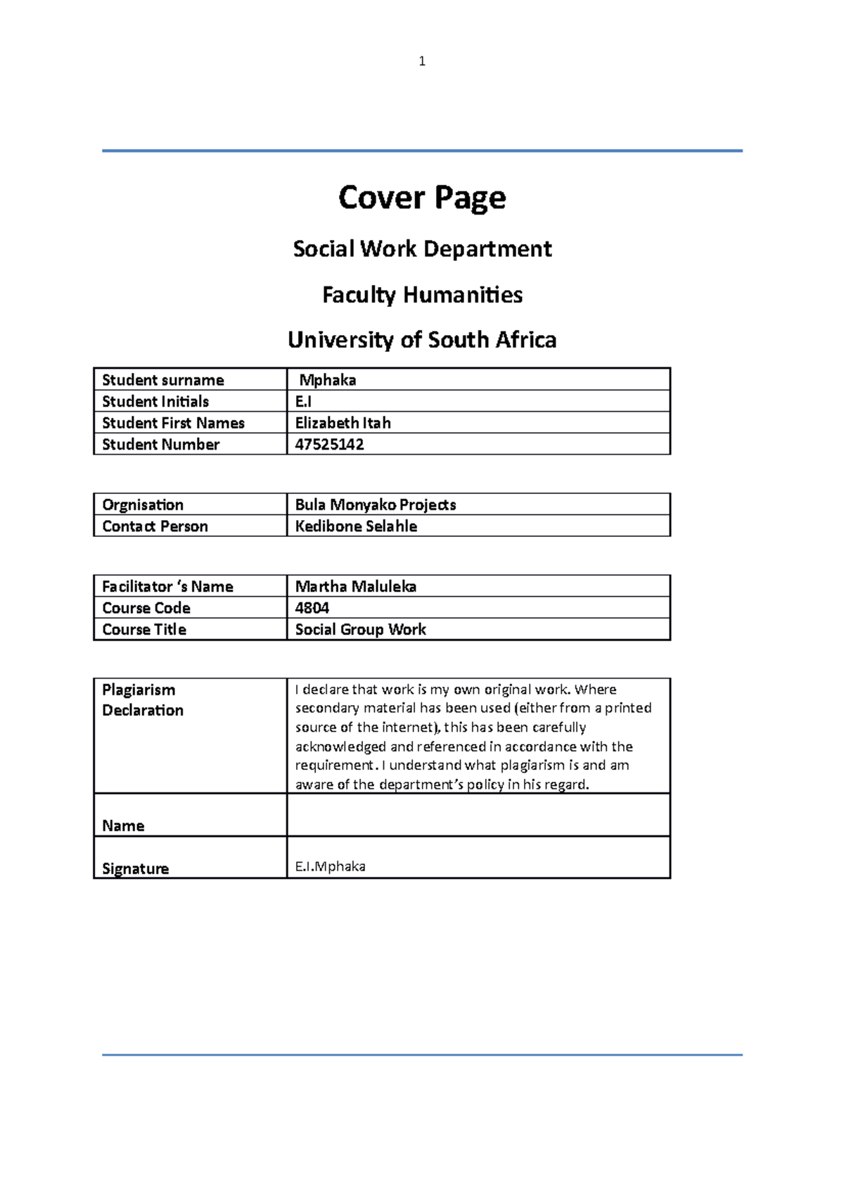 47525142 pre group interview - Cover Page Social Work Department ...