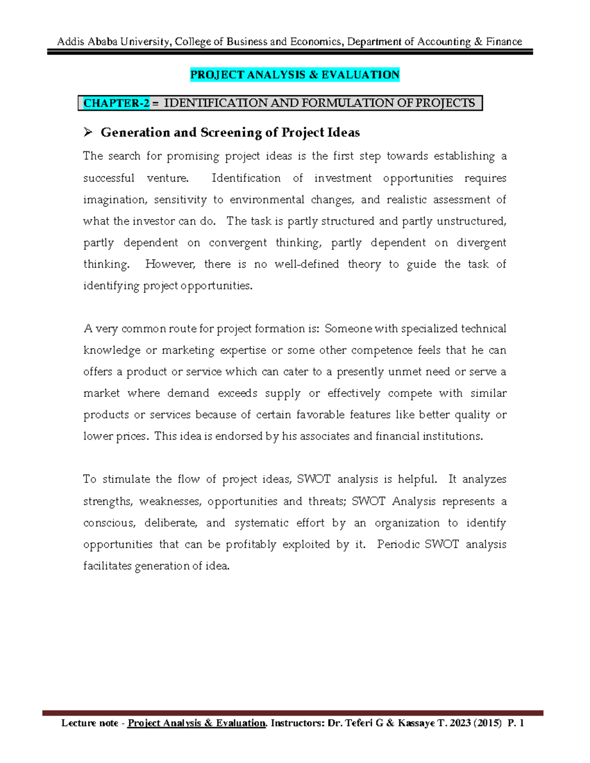 Ch. 2 - PROJECT ANALYSIS & EVALUATION Generation and Screening of ...