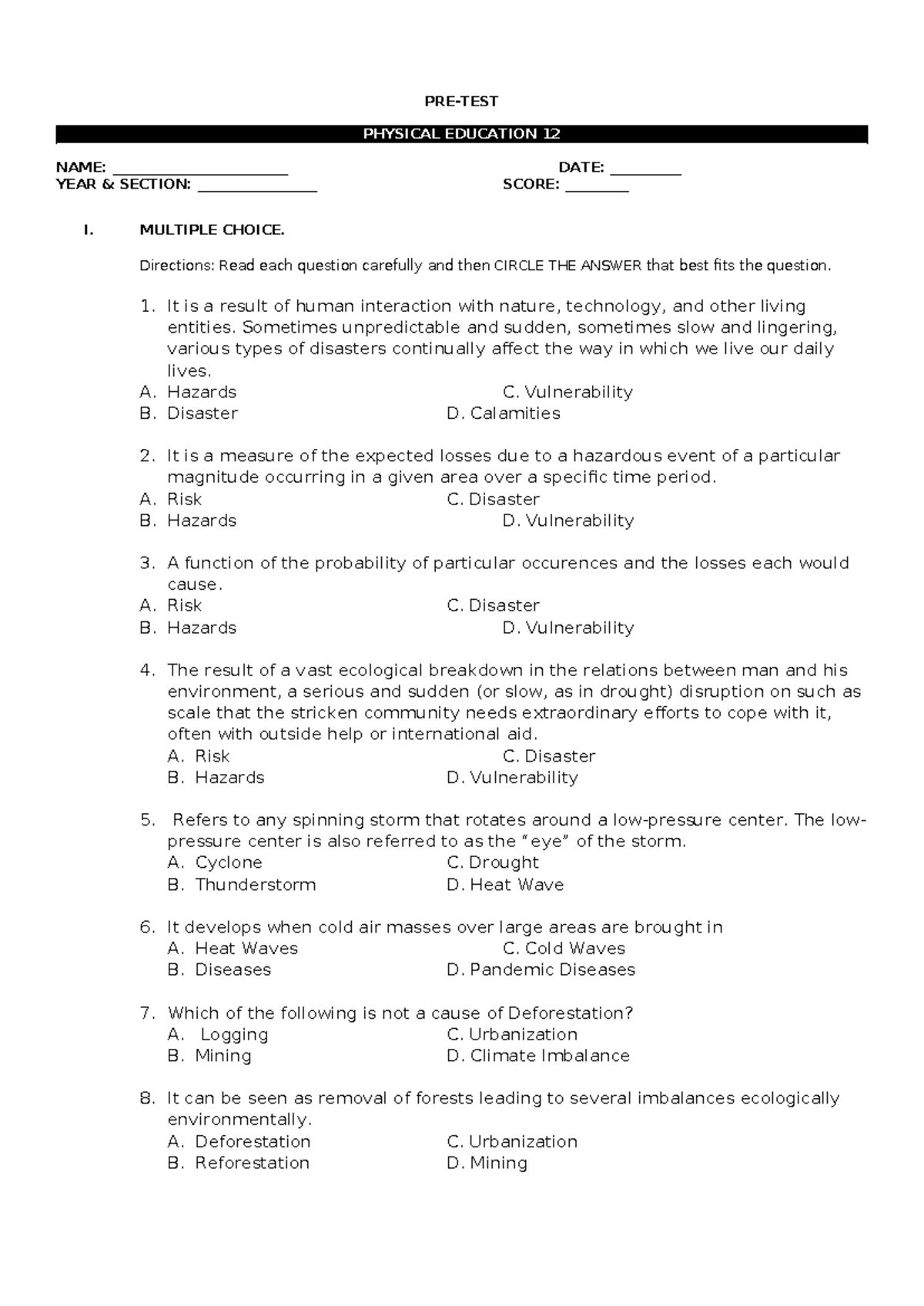 PRE-TEST - It will help them to assess their entry knowledge - PRE-TEST ...