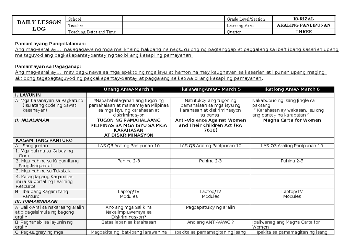 DLL-AP March 4-6 - Daily Lesson Log - DAILY LESSON LOG School Grade ...