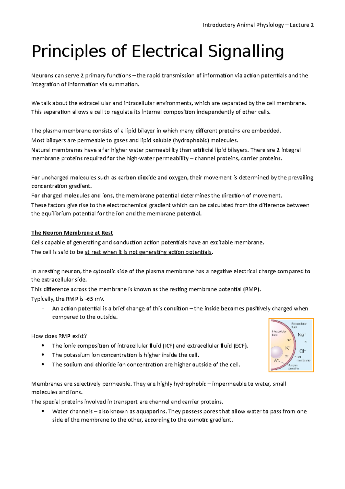 Lecture 2 - Electrical Signalling - Introductory Animal Physiology ...